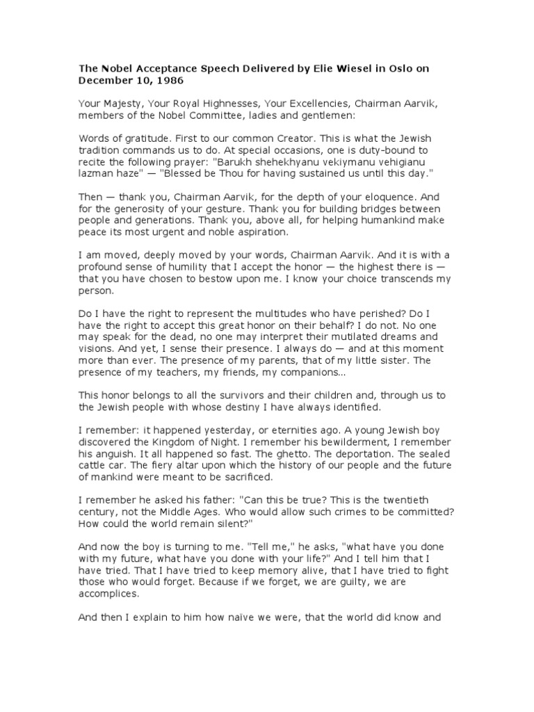 The Nobel Acceptance Speech Delivered by Elie Wiesel | PDF | Jews | Israel