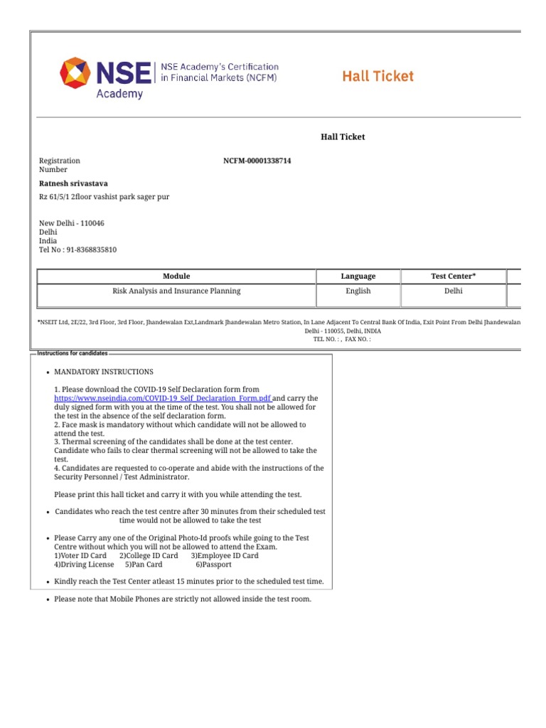 NCFM-00001338714 Ratnesh Srivastava: Hall Ticket | PDF | Identity Document | Access Control