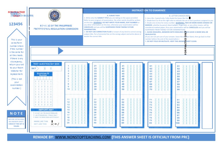 Sample Answer Sheet 1-100 | PDF | Test (Assessment) | Test/Examination