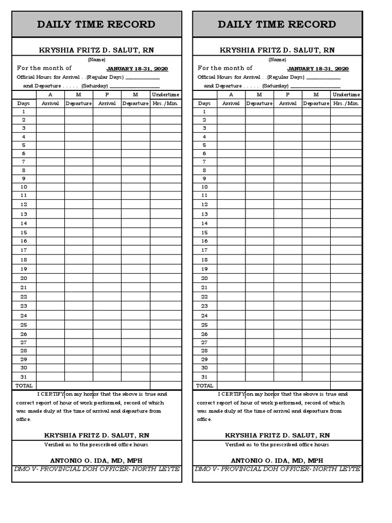 Daily Time Record Daily Time Record: Kryshia Fritz D. Salut, RN Kryshia ...