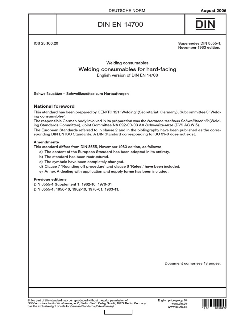 DIN EN 14700: Welding Consumables For Hard-Facing | PDF | Europe Travel