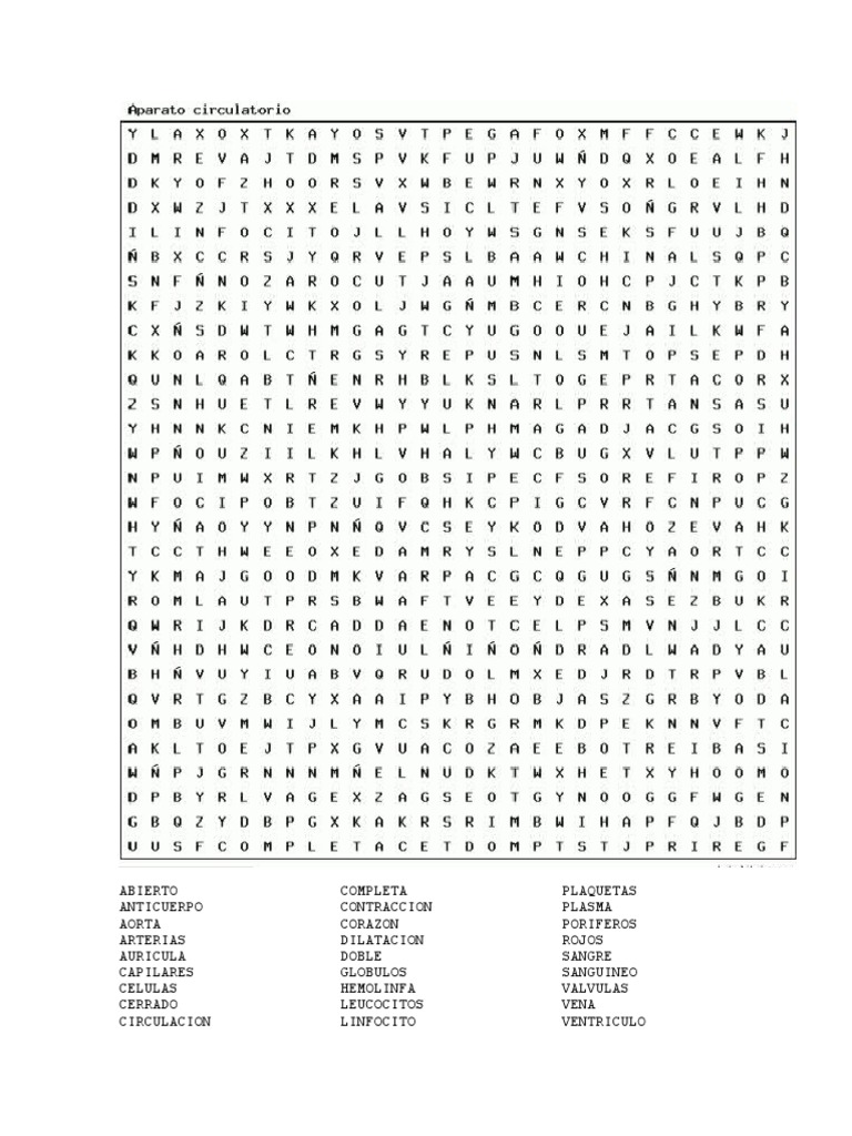 Sopa de Letras Aparato Circulatorio | PDF