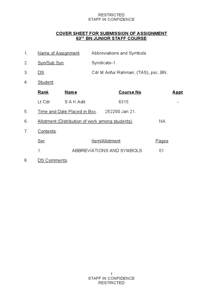 Cover Sheet For Submission of Assignment 63 BN Junior Staff Course ...