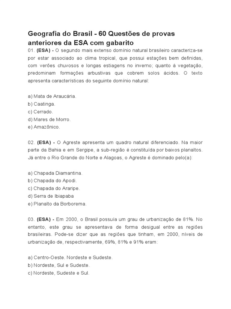 Geografia Do Brasil - 60 Questões de Provas Anteriores Da ESA Com ...