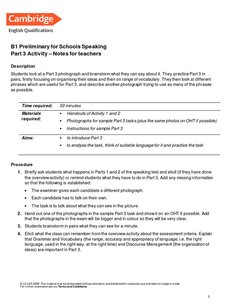(Online Teaching) b1 Preliminary For Schools Speaking Part 3 Vocabulary ...
