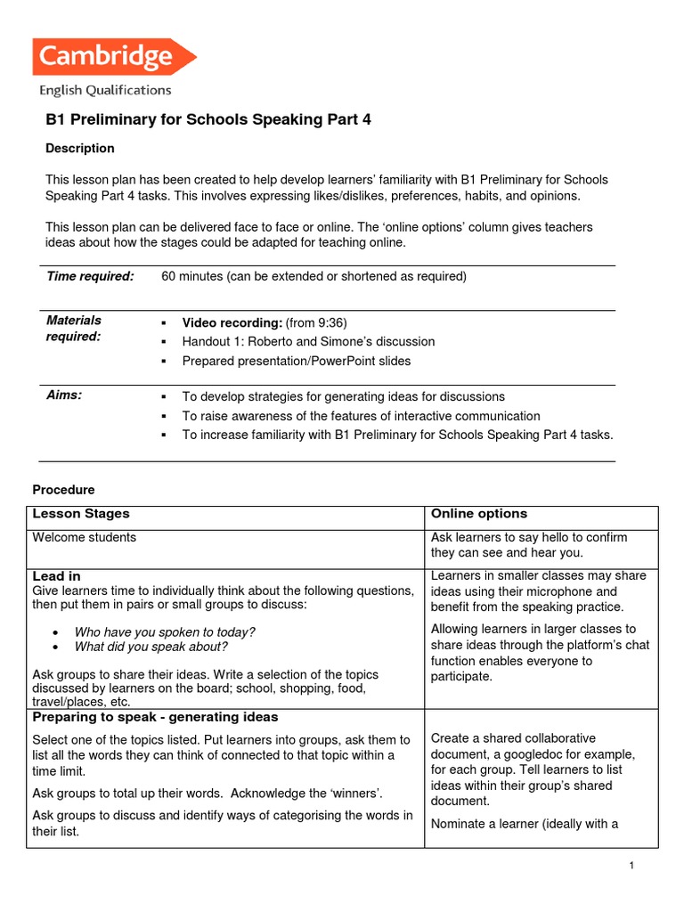 B1 Preliminary Speaking Part 4 Lesson Plan | PDF | Lesson Plan ...