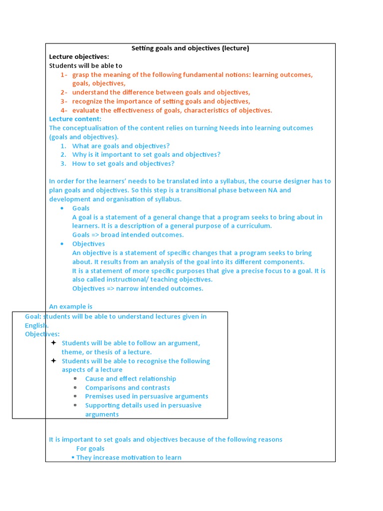 Esp Setting Goals And Objectives Pdf Goal Lecture