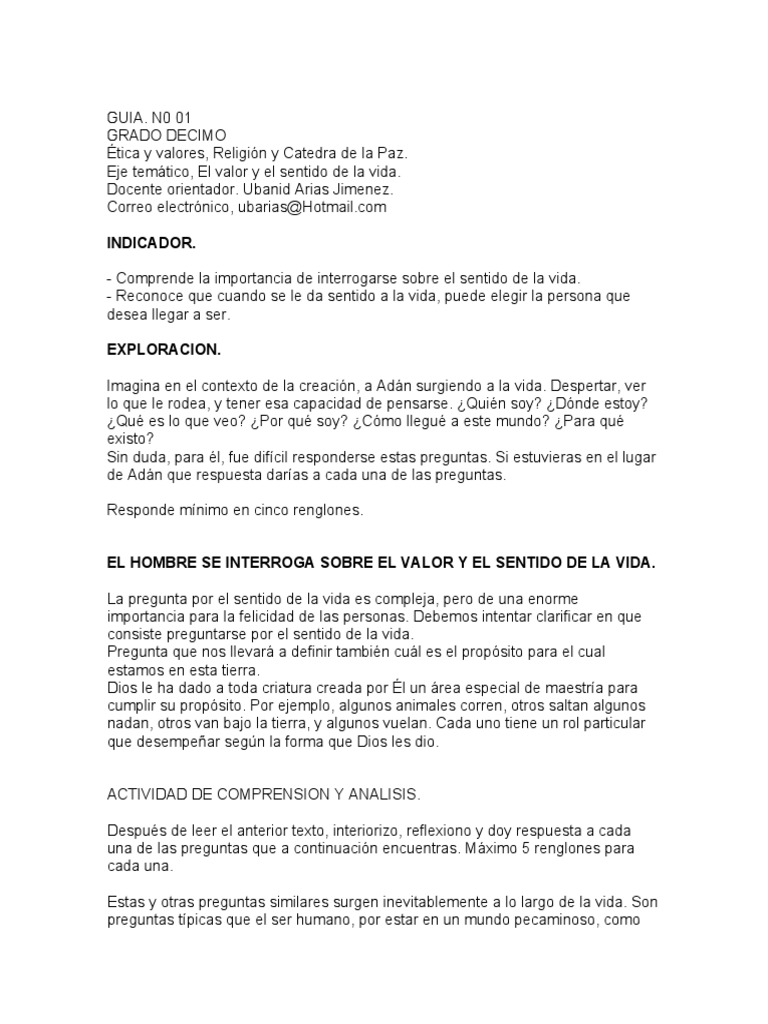 Guia No 01. Etica y Valores Grado Decimo . | Descargar gratis PDF | Significado de la vida | Jesús
