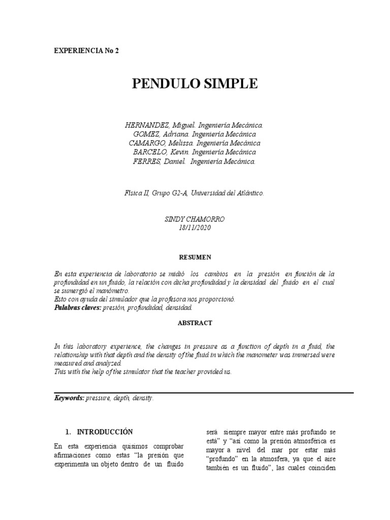 Informe Pendulo Simple | PDF | Presión | Líquidos