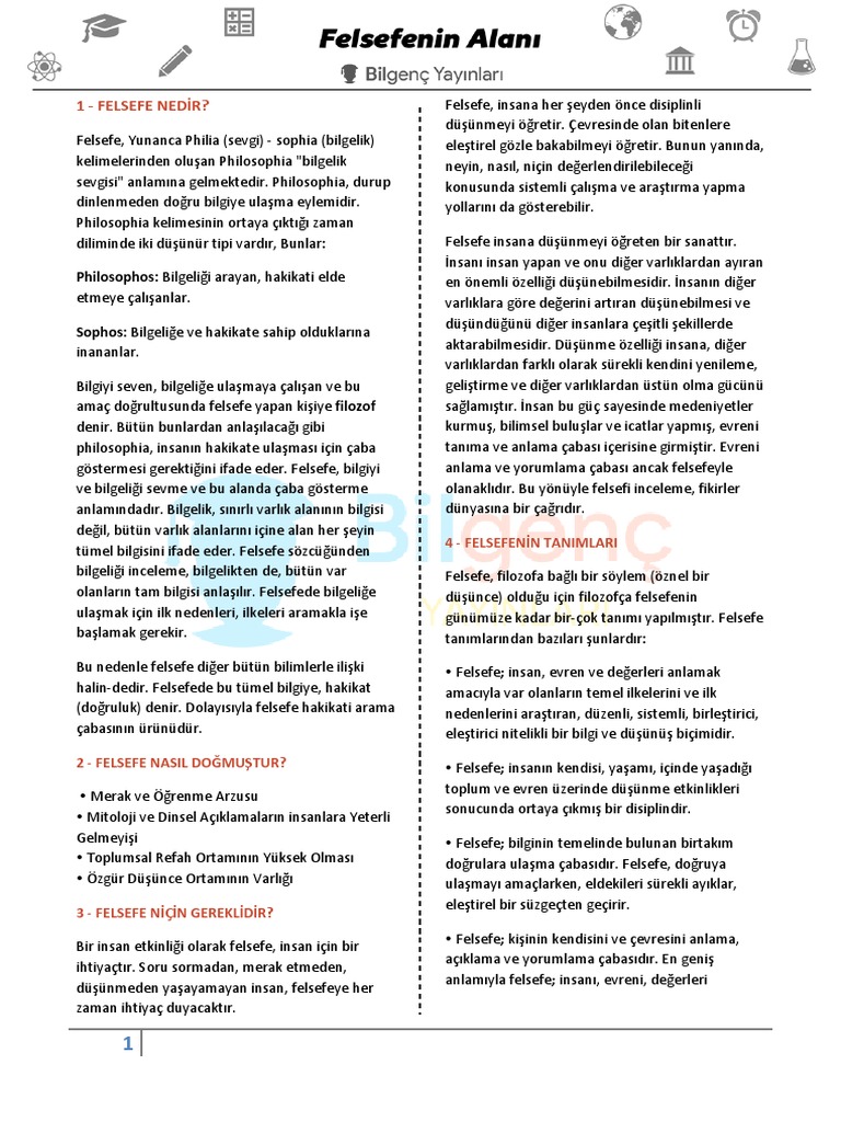 Tyt Felsefe Felsefenin Alani Ders Notu | PDF