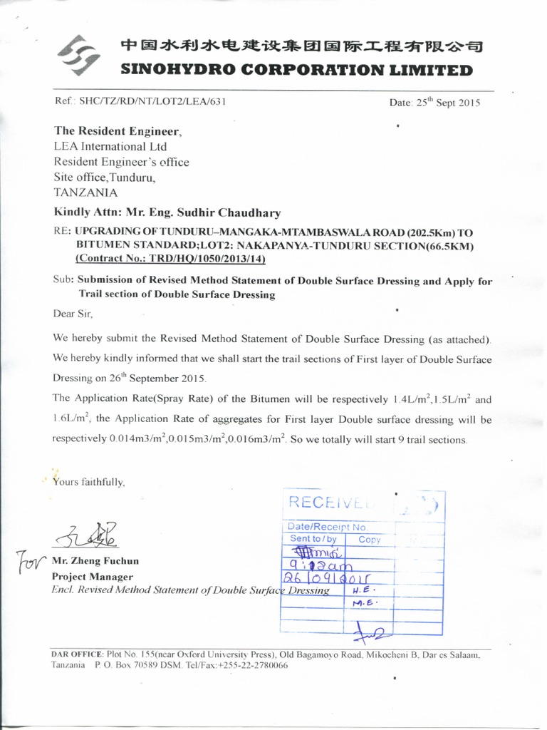 SHC 631 Submission of Revised Method Statement of Double Surface Dressing and Apply For Trial ...