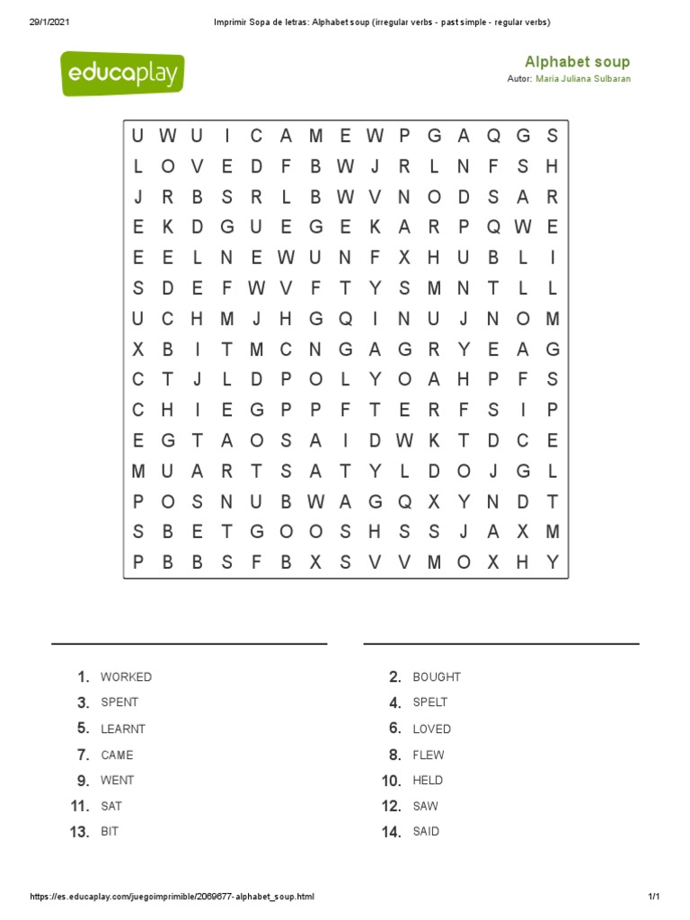 Imprimir Sopa de Letras - Alphabet Soup (Irregular Verbs - Past Simple ...
