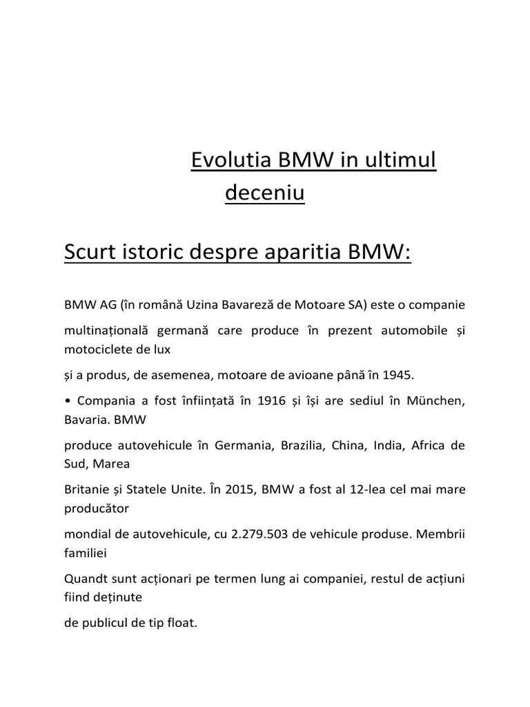 Evolutia BMW in Ultimul Deceniu Scurt Istoric Despre Aparitia BMW | PDF