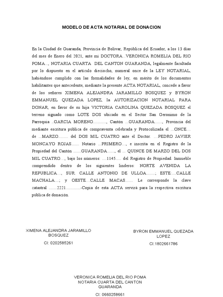 Modelo de Acta Notarial de Donacion | PDF