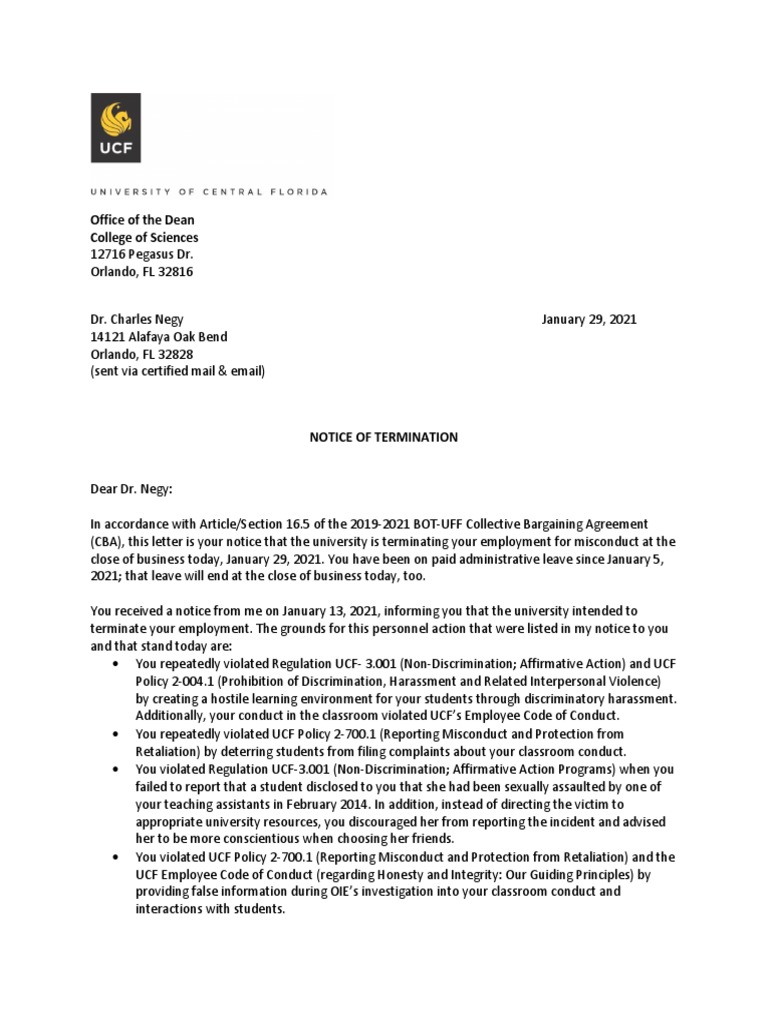 Termination Letter Sent To Charles Negy | PDF | Sexual Harassment ...