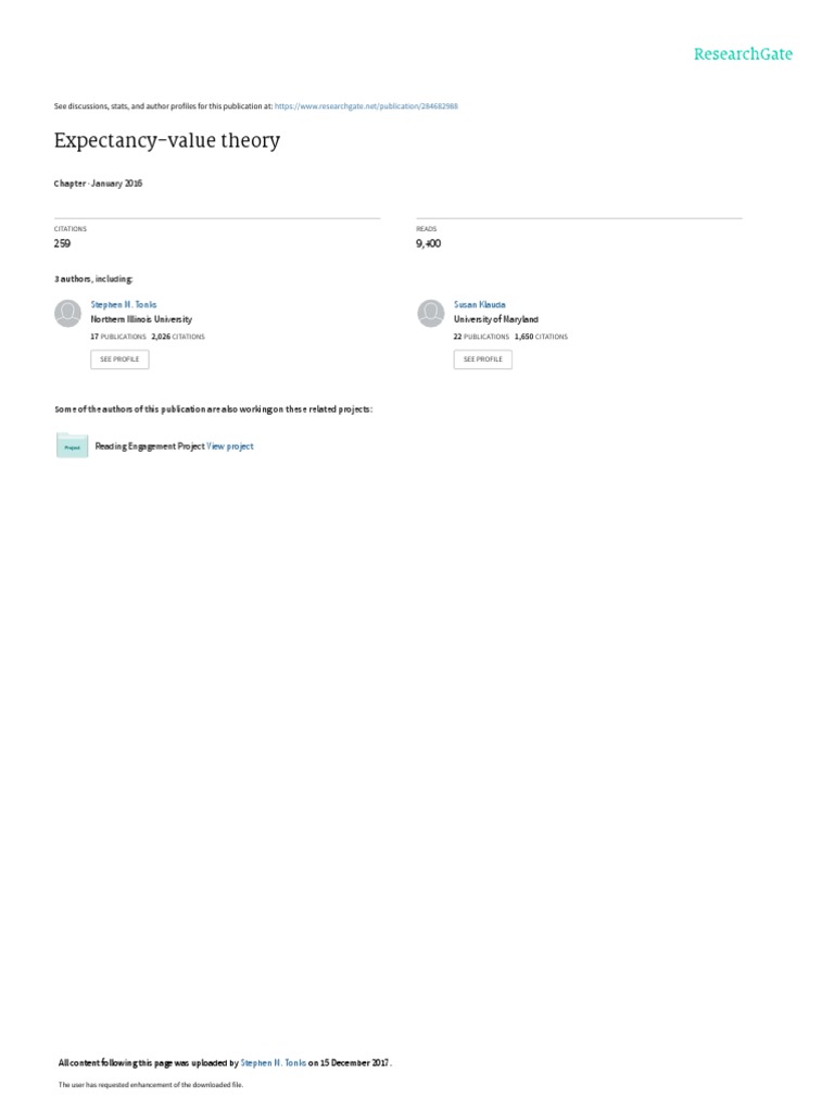 Wigfield-Tonks-Klauda Expectancy Value Theory | PDF