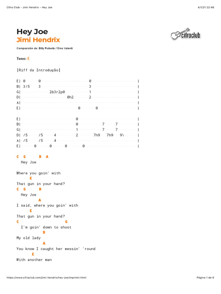 Jimi Hendrix - Hey Joe | PDF | Song Recordings | Rock Music