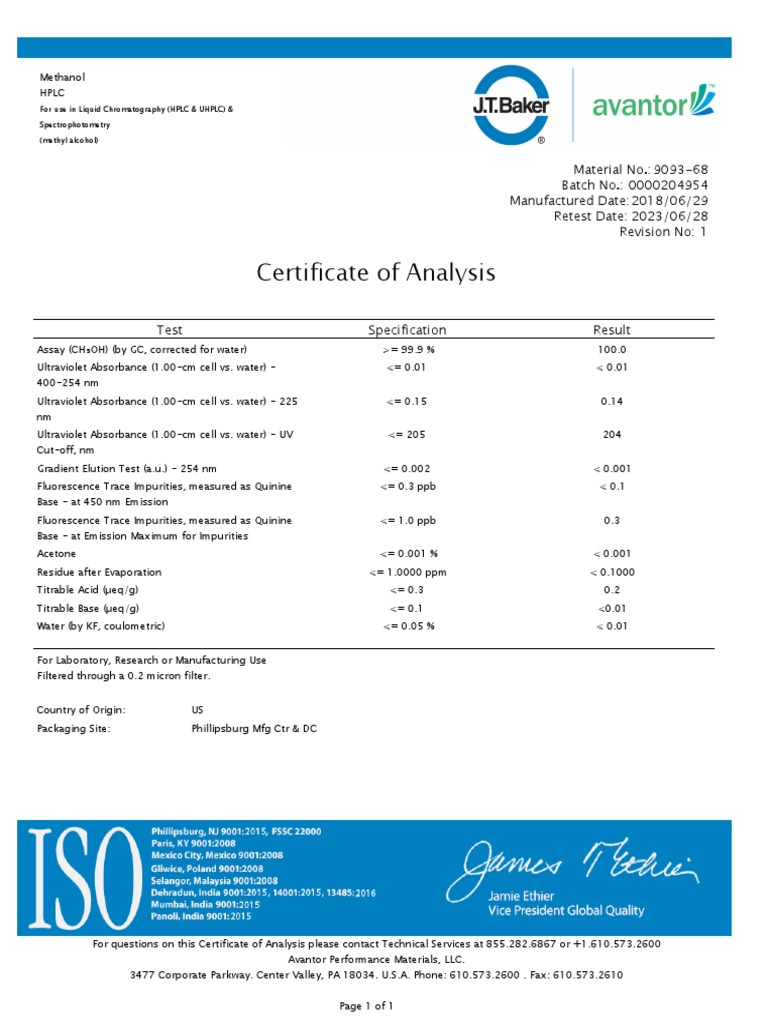 Certificate of Analysis for Methanol (Methyl Alcohol) for use in HPLC ...
