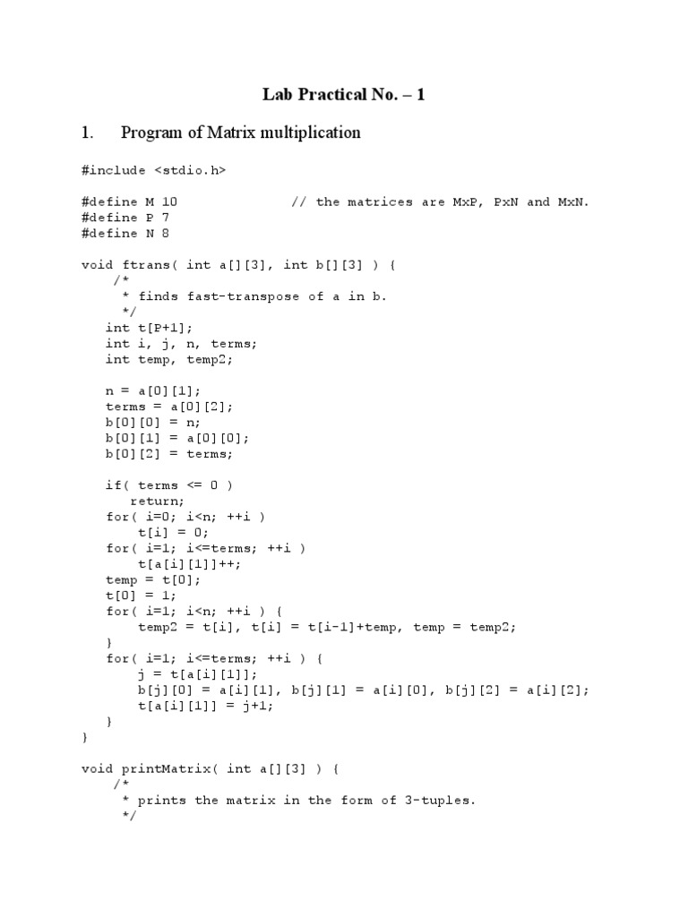 Program of Matrix Multiplication: Lab Practical No. - 1 | PDF ...