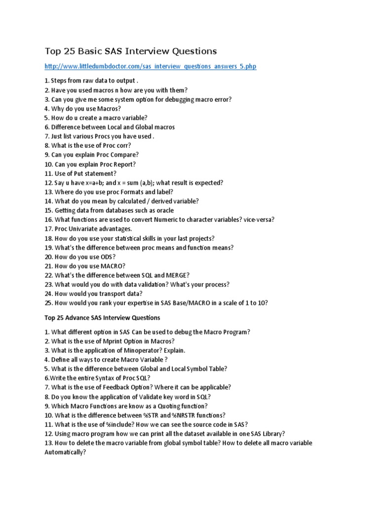 Top 25 Basic SAS Interview Questions | PDF | Sas (Software) | Sql