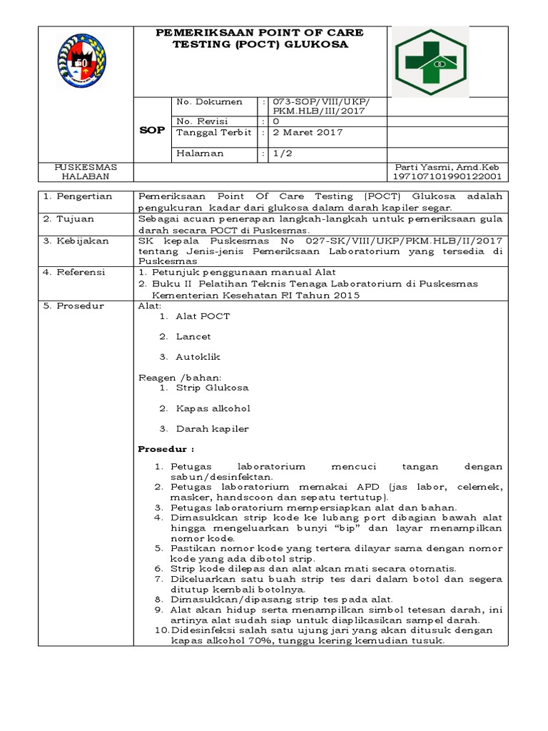 SOP Pemeriksaan POCT Glukosa | PDF