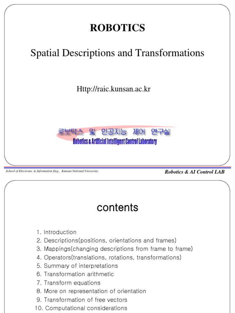Spatial Descriptions and Transformations: Robotics | PDF | Euclidean Vector | Spacetime