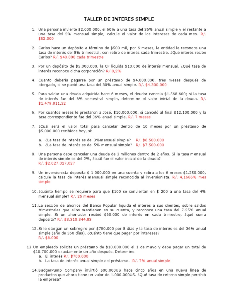 Taller de Interes Simple | PDF | Interés | Tasas de interés