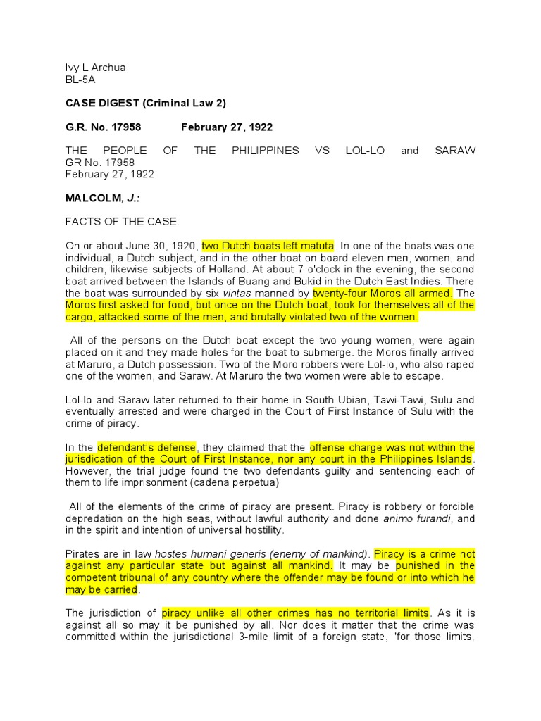 CASE DIGEST (Criminal Law 2) G.R. No. 17958 February 27, 1922 | PDF ...
