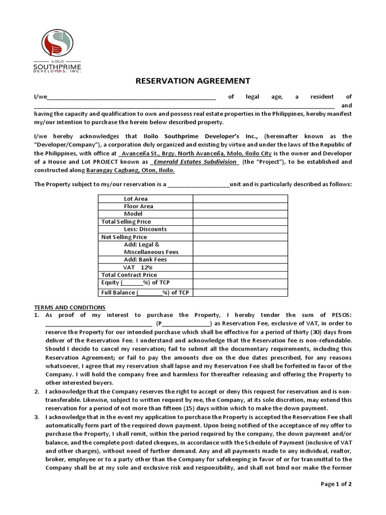 Reservation Agreement With Vat Revised2019 4 | Download Free PDF | Real ...