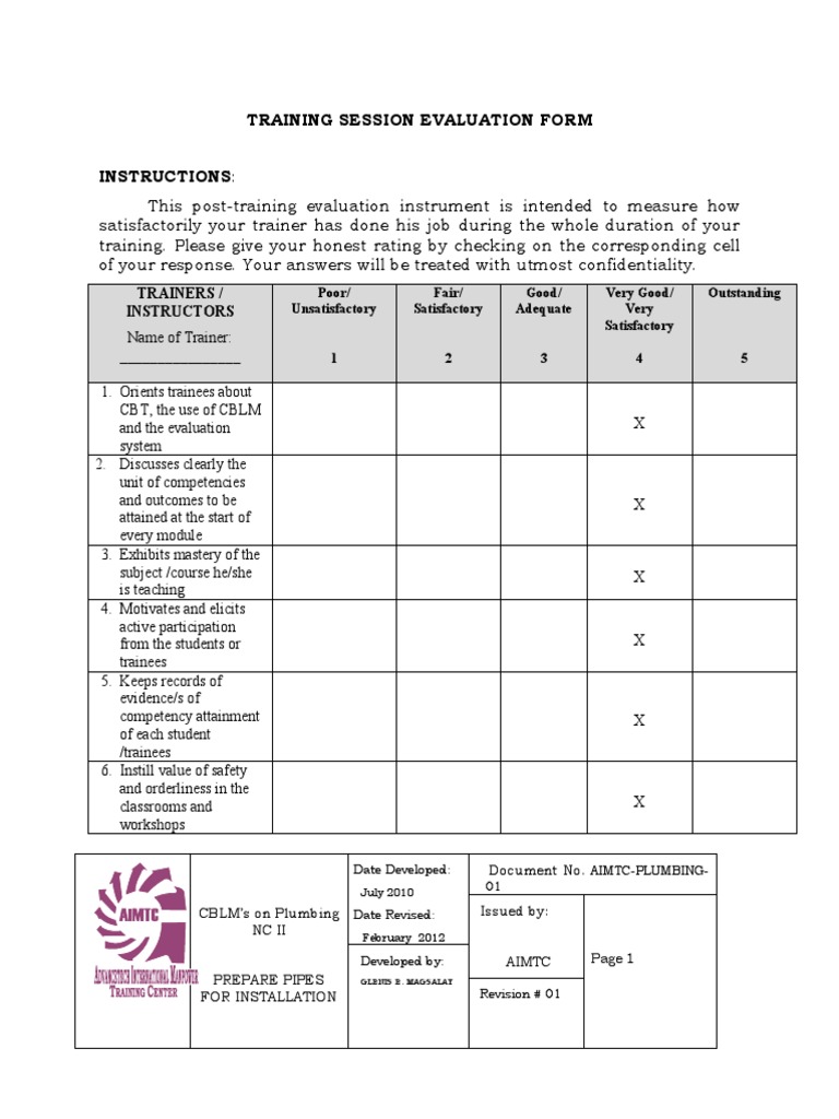 Plumbing TRAINING SESSION EVALUATION FORM | Download Free PDF | Competence (Human Resources ...