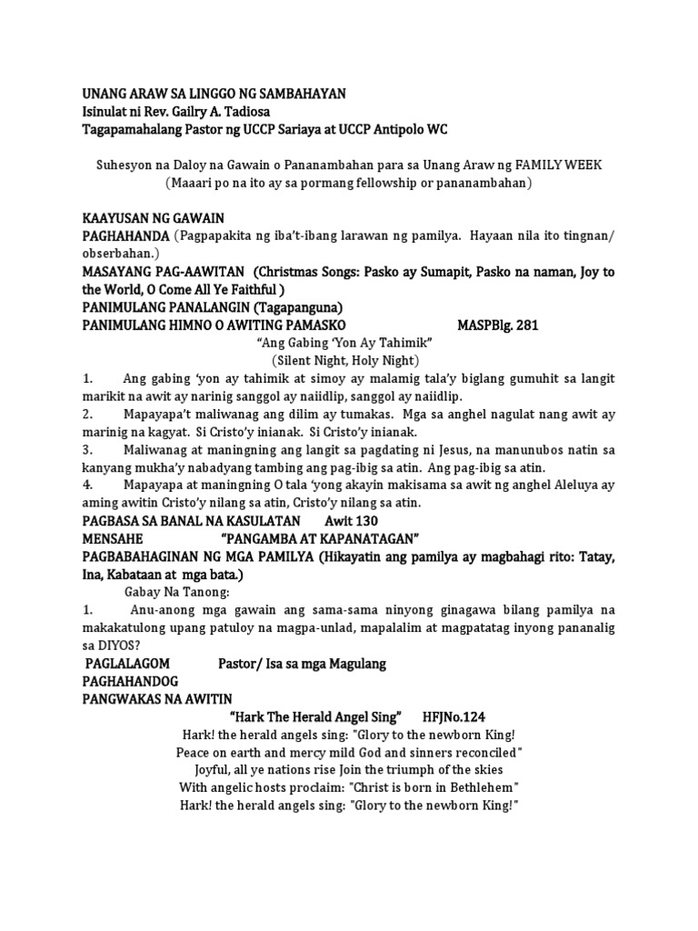 Unang Araw Sa Linggo NG Sambahayan | PDF
