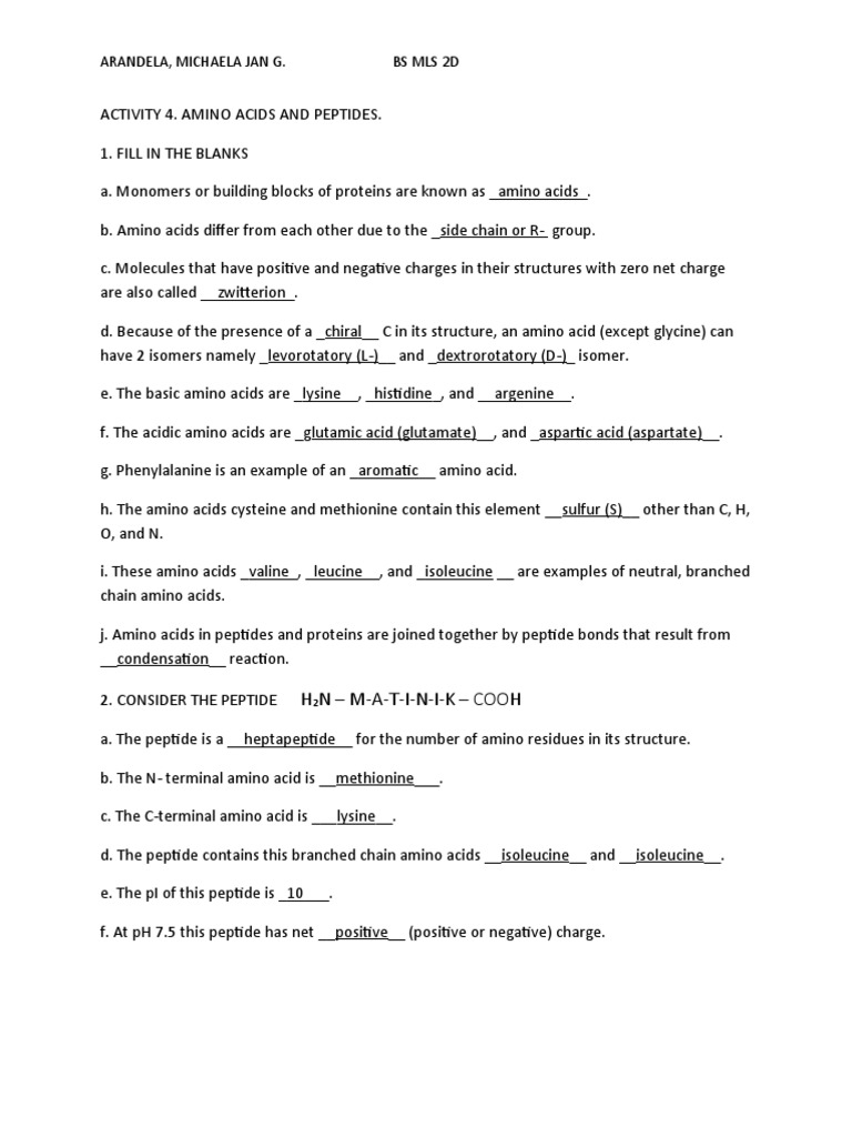 ACTIVITY - 4. - AMINO - ACIDS - AND - PEPTIDES Practice | PDF