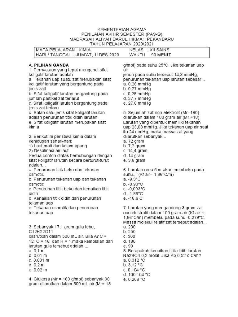 Soal Ujian Kimia Dan Jawabn 2020 | PDF