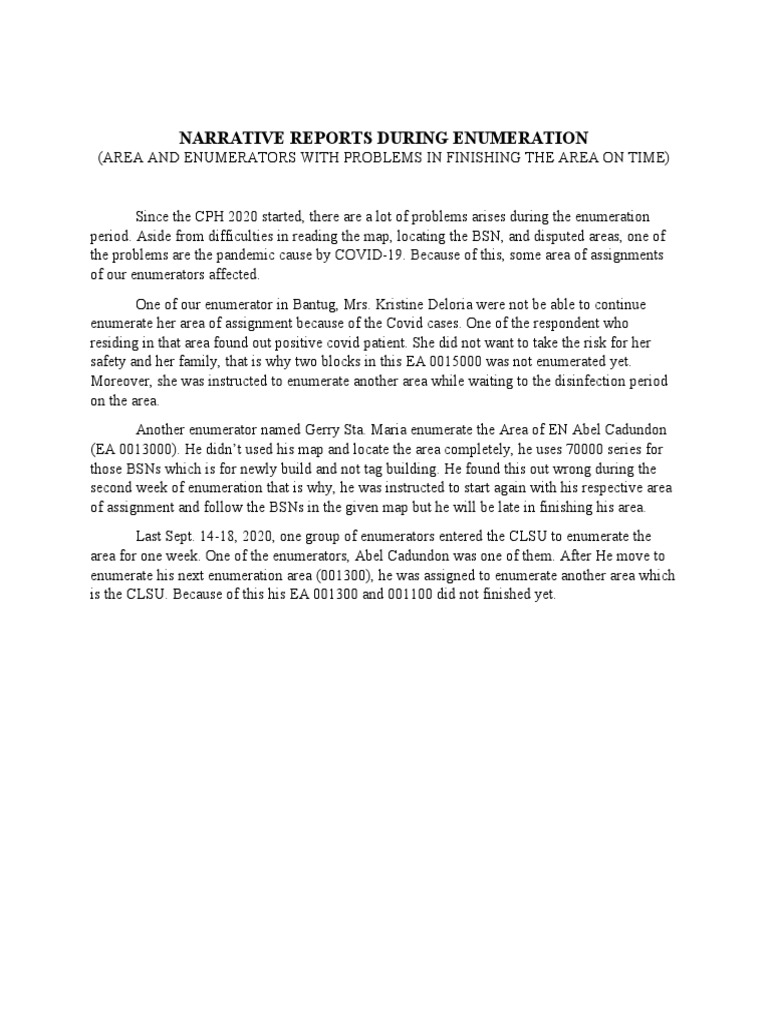 Narrative Reports During Enumeration | PDF | Census | Business