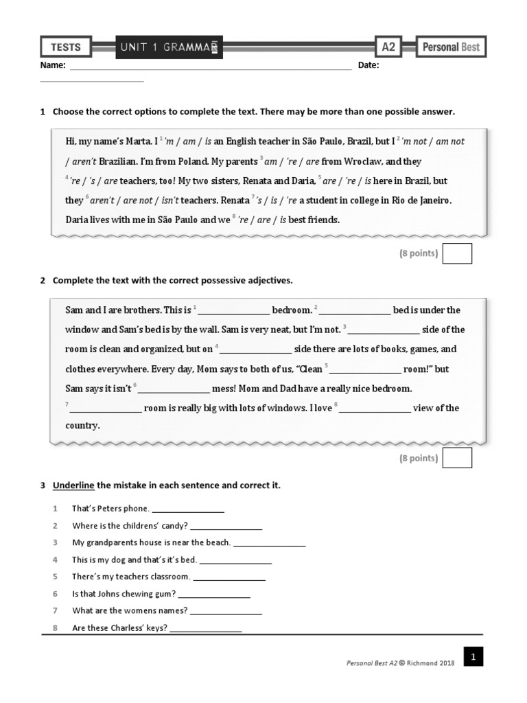 Unit 1 Grammar: 1 Choose The Correct Options To Complete The Text ...