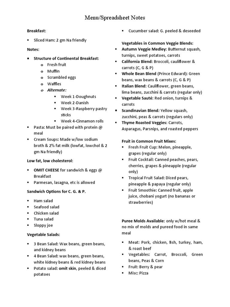 Menu-Spreadsheet Notes | PDF | Salad | Vegetables
