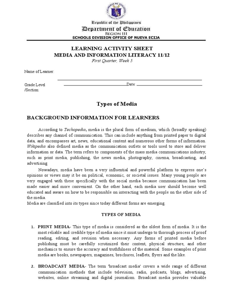 Senior High School Module (Week 5 - Media) | PDF | Media (Communication ...