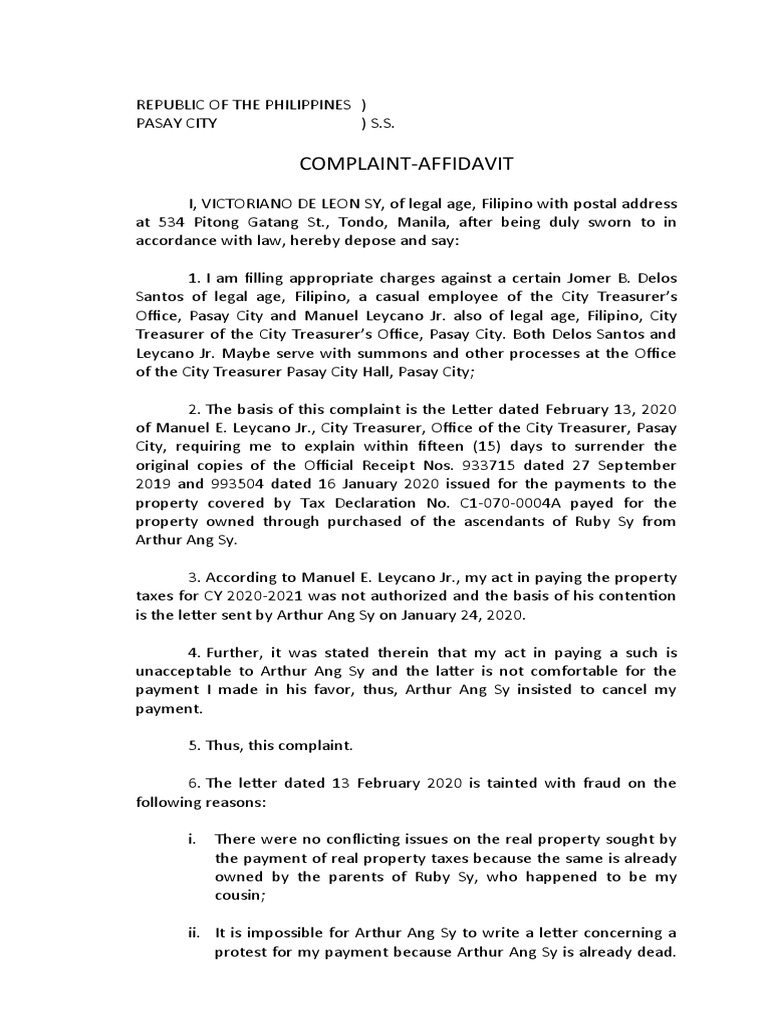 Complaint-Affidavit Victoriano de Leon Sy | PDF | Affidavit | Common Law