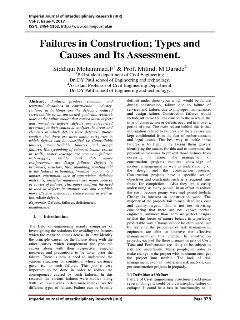 Analysis of Types, Causes, and Assessment of Failures in Construction ...