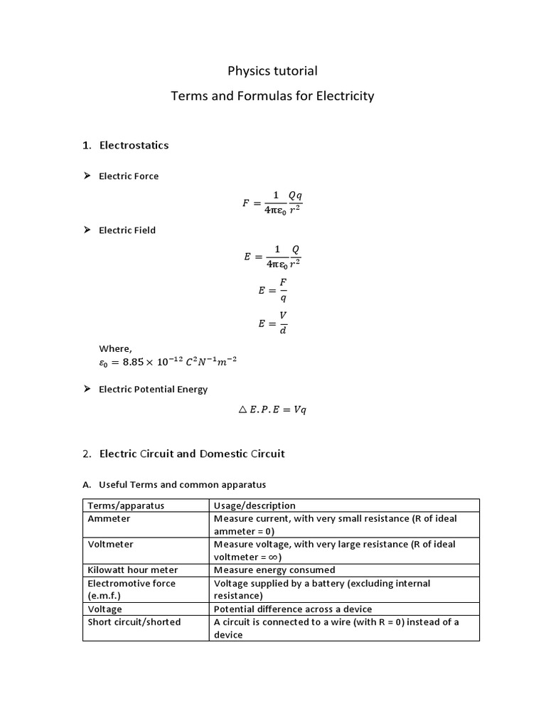 Physics Electricity Formulas | PDF | Series And Parallel Circuits | Voltage