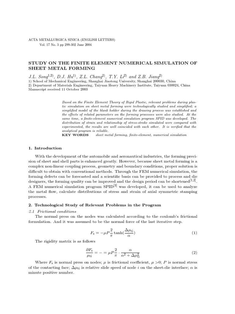 Study On The Finite Element Numerical Simulation of Sheet Metal Forming ...