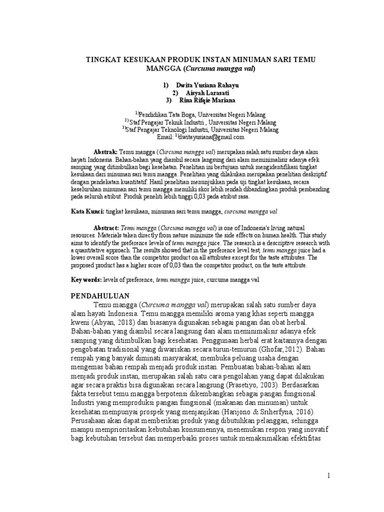 Artikel Tingkat Kesukaan Minuman Sari Temu Mangga (Upload Repository UM ...