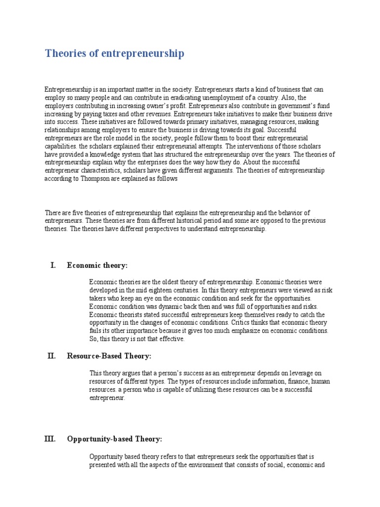 Theories of Entrepreneurship | PDF | Entrepreneurship | Economics
