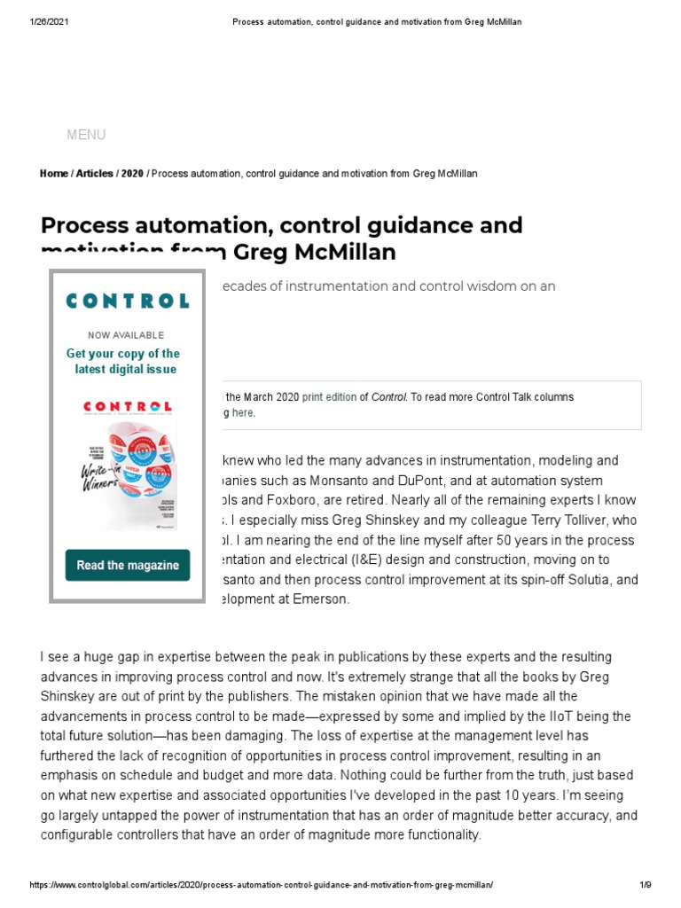 Process Automation, Control Guidance and Motivation From Greg McMillan ...