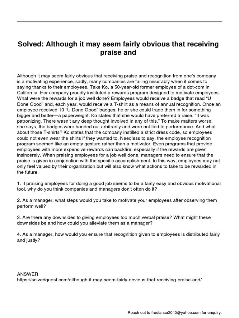 Although It May Seem Fairly Obvious That Receiving Praise and | PDF ...