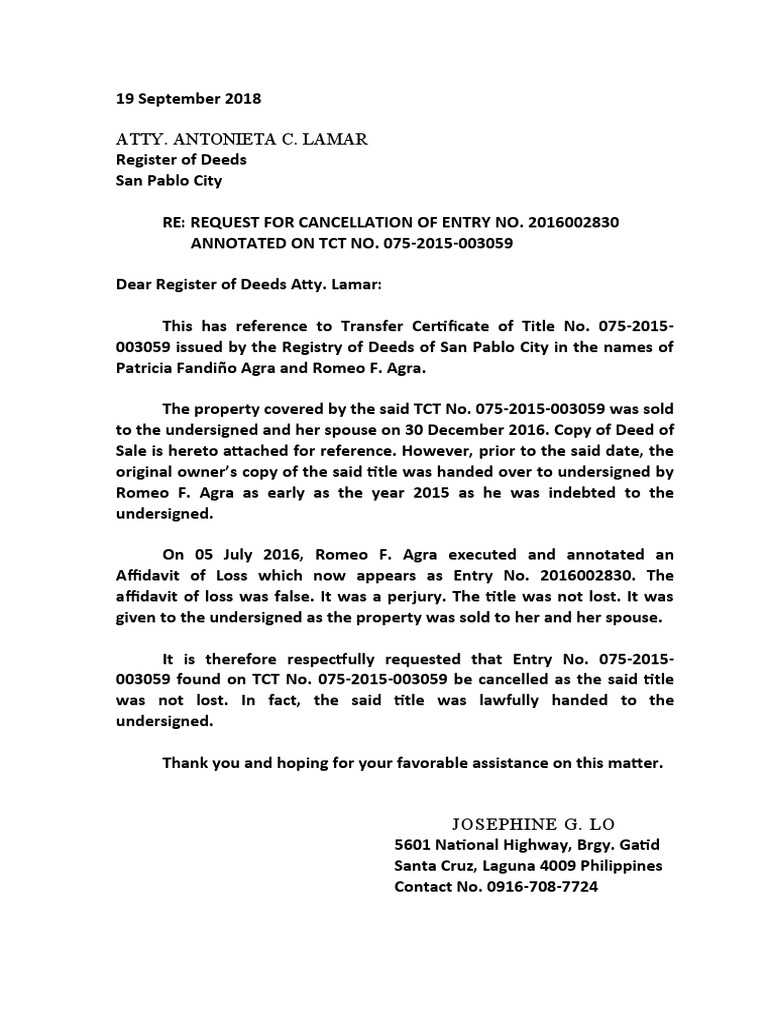 Letter Request For Cancellation of Annotation | PDF