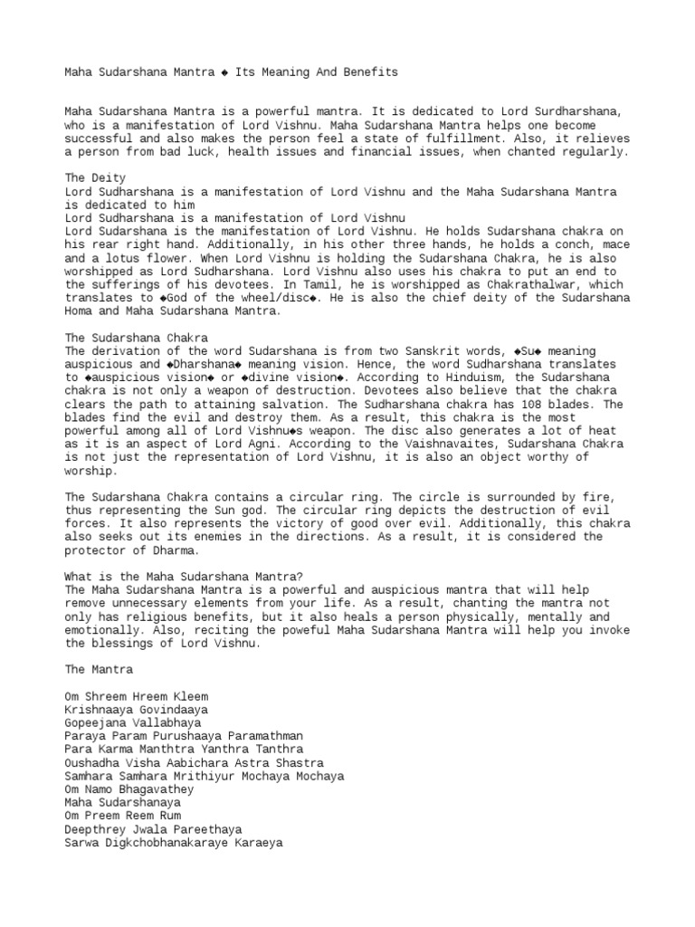 Maha Sudarshana Mantra - Its Meaning and Benefits | PDF | Hindu ...