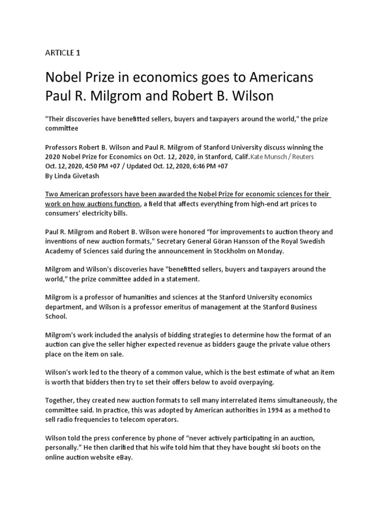 Nobel Prize in Economics Goes To Americans Paul R. Milgrom and Robert B ...