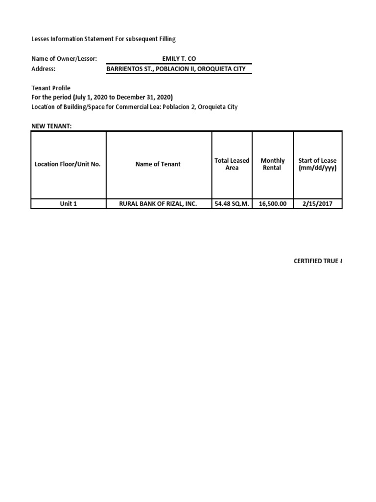 Lesses Information Statement For Subsequent Filling | PDF