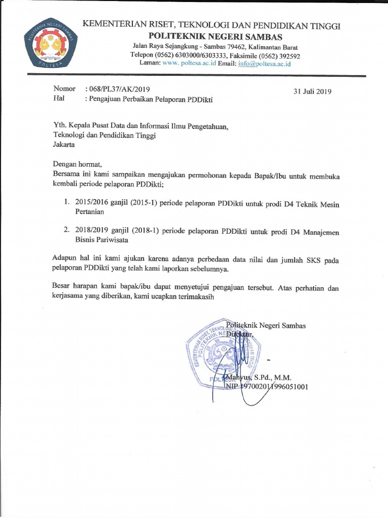 Surat Pengajuan Perbaikan Pelaporan PDDikti | PDF